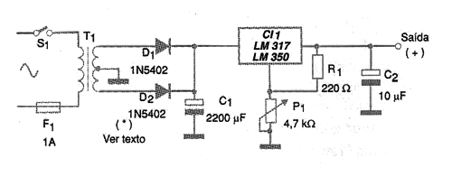 Fuente de tensión variable con LM350T o LM317 (CIR18814S)
